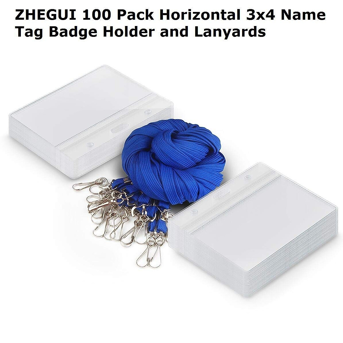Nametag Badge Holders with Lanyard 3x4 Horizontal Badge Holder Waterproof PVC ID Cards by ZHEGUI (Royal Blue, 100 Pack)