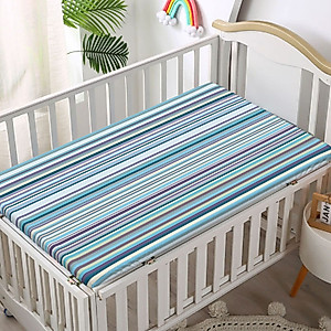 Striped Themed Fitted Mini Crib Sheets,Portable Mini Crib Sheets Soft Toddler Mattress Sheet Fitted-Crib Mattress Sheet or Toddler Bed Sheet,24“ x38“,Blue Lavender Cream