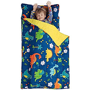 Kids Nap Mat with Weighted Blanket 3lb for Daycare, Insugar Weighted Sleeping Bag with Pillow, 2 in 1 Toddler Nap Mat Weighted for Preschool and Sleepovers, 50 x 20 Inches, Blue Dinosaur