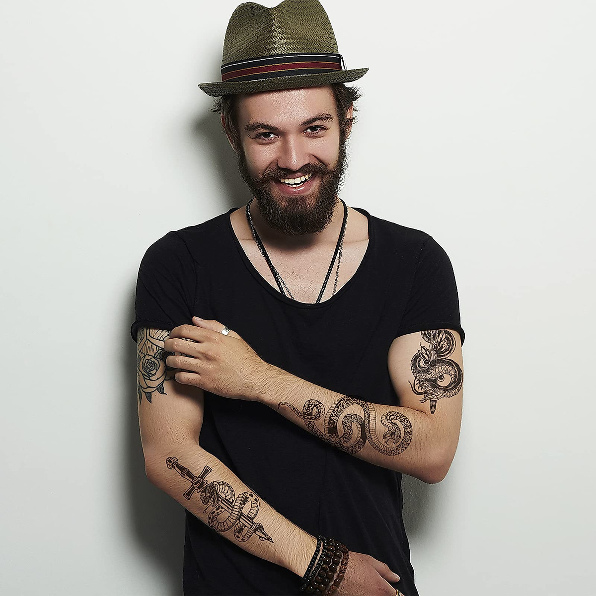 16 Sheets Realistic Snake Temporary Tattoo 3D Tribal Serpent Fake Tattoos Waterproof Peony Fake Rose Tattoos Temporary Viper Floral Designed Tattoo Stickers with Forearm Swords for Arm Body Art, Black