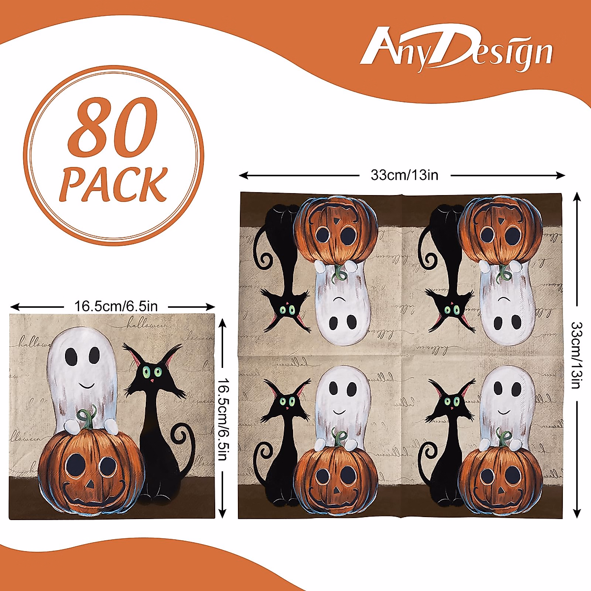 AnyDesign 80 Pack Halloween Paper Napkins Disposable Black Cat Pumpkin Ghost Luncheon Napkins Spooky Decorative Dessert Dinner Hand Napkin for Halloween Party Supplies, 6.5 x 6.5 Inch