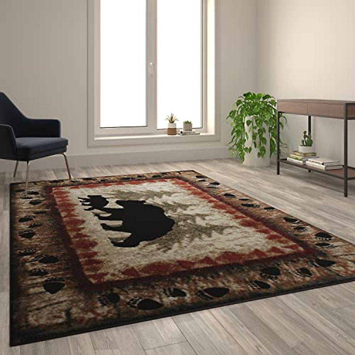 Flash Furniture Ursus Collection Rustic Lodge Wandering Black Bear & Cub Area Rug - Olefin Fibers in Brown, Beige, Black, & Green - 6' x 9' Accent Rug - Jute Backing