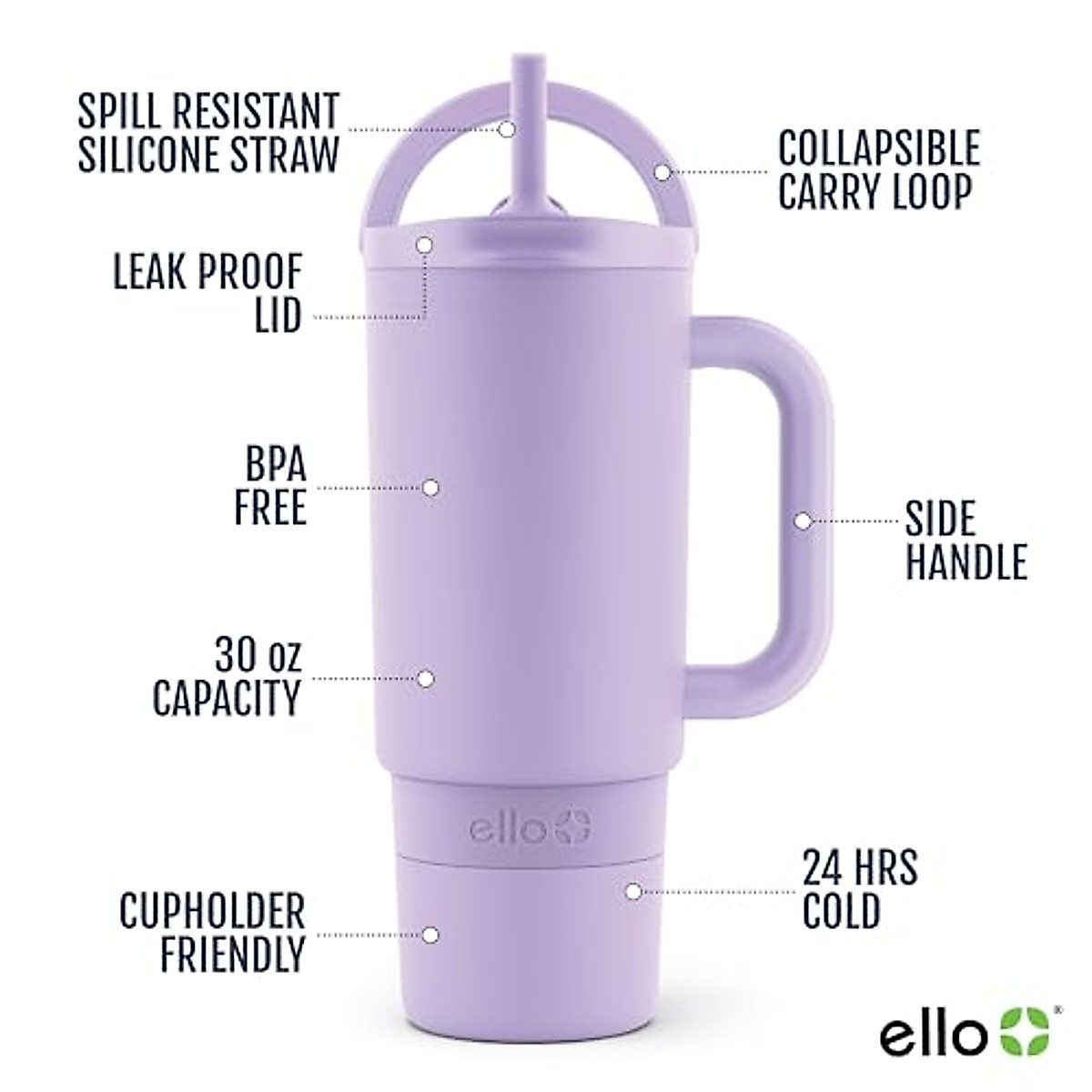 Ello Port 30oz Tumbler with Carry Loop & Integrated Handle | Vacuum Insulated Stainless Steel Reusable Water Bottle Travel Mug | Leak Proof Lid | Flexible Straw | BPA-Free | Dishwasher Safe | Lilac