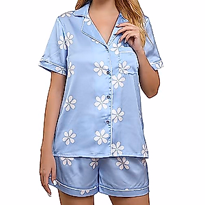 KINA FANG Women’s silk satin pajamas short sleeve loungwear button down sleepwear PJ Set L