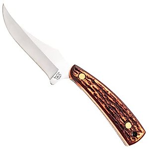 Bear & Son Cutlery 7 1/4" Upswept Skinner Knife, 440 High Carbon Stainless Steel Blade, Stag Delrin Handle, Leather Sheath (753)