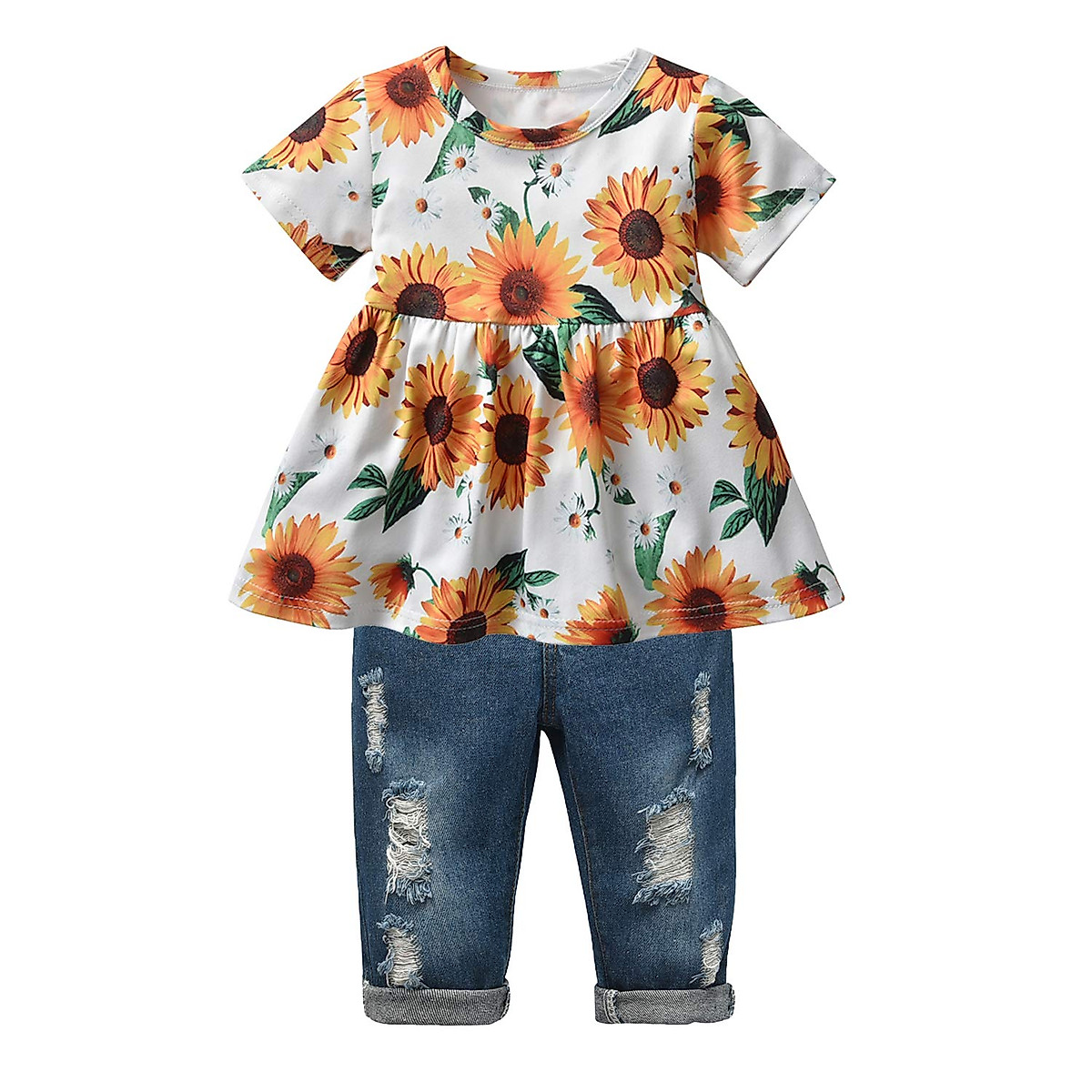 Derouetkia Girls Clothes Outfits Toddler Infant Baby Girl Short Sleeve Floral Ruffle Tops Ripped Jeans Pants Sets (2-3T) Yellow