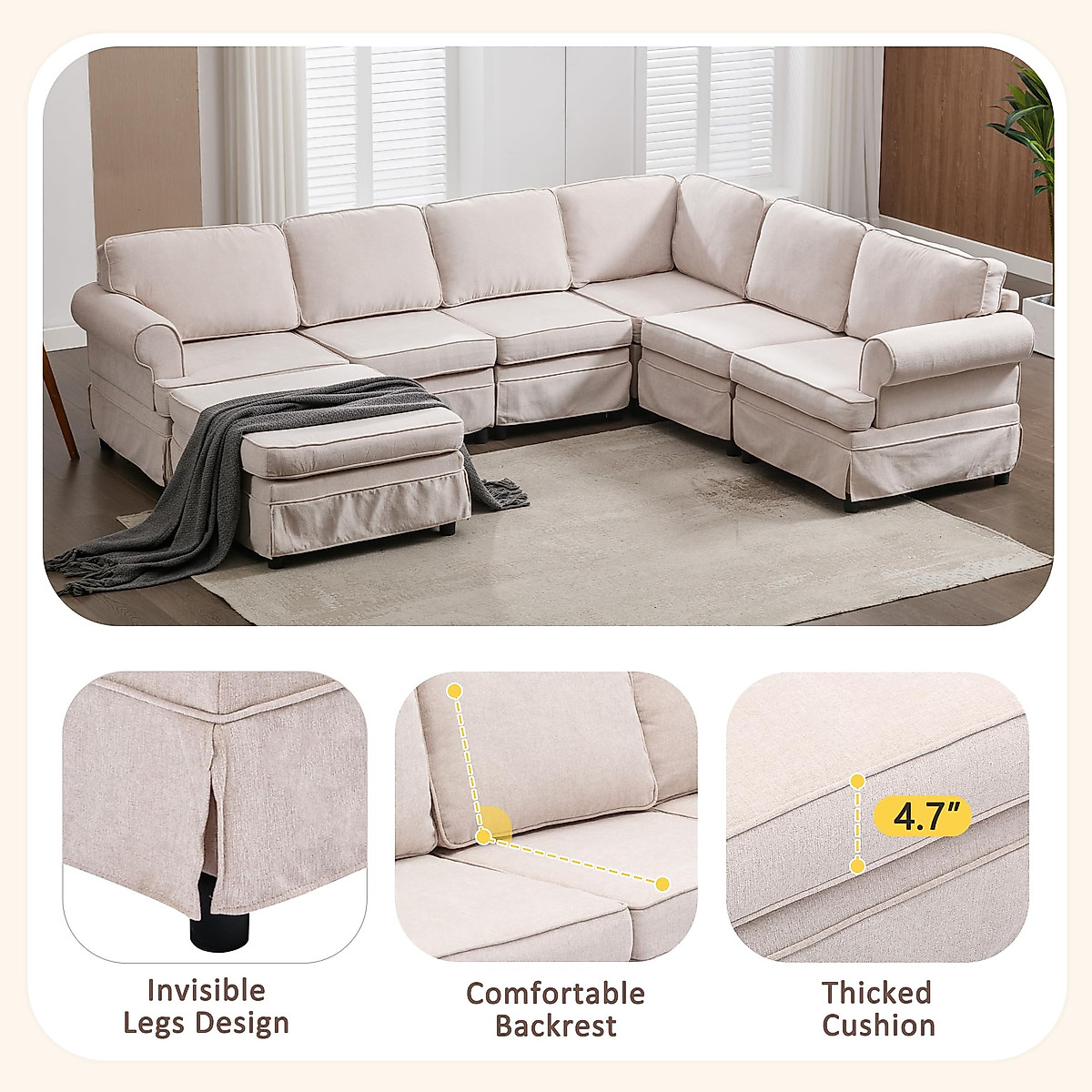 Merax 109.4" Fabric Large Upholstered U-Shape Sectional Sofa Sets, Modular Customizable, Couch with Removable Ottoman for Living Room, 108.6 inch Length, Beige