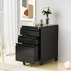 LISSIMO 3 Drawer Mobile File Cabinet with Lock,Under Desk Storage Cabinet for Home Office, Vertical Filing Cabinet Fits A4 or Letter Size (Unassembled, Black)