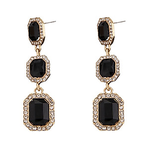 Classical Vintage Rhinestone Rectangle Dangle Earrings Crystal Wedding Bridal Drop Earrings for Women-Black