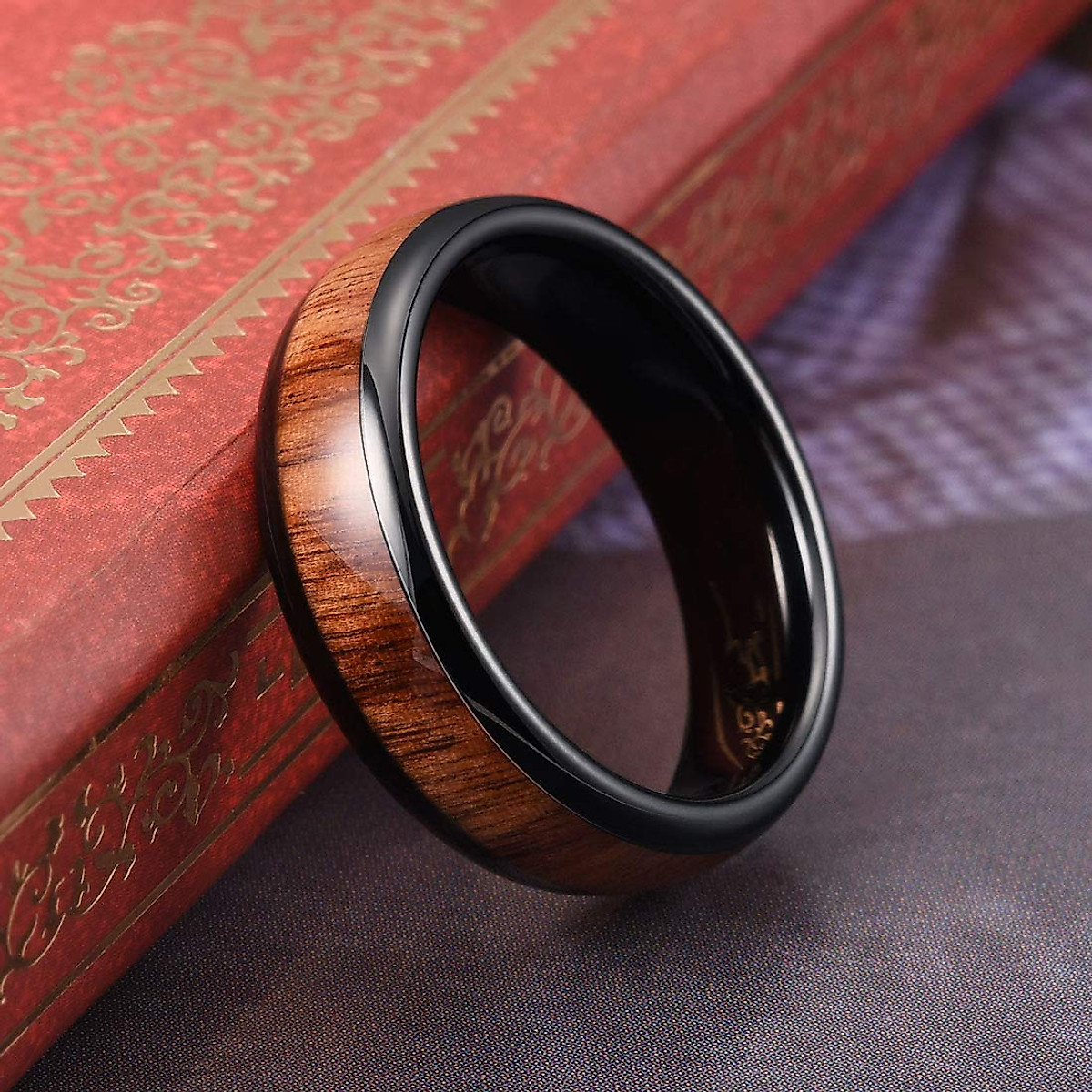 THREE KEYS JEWELRY 6mm Black Tungsten Carbide Wedding Ring for Women with Koa Wood Inlay Domed Wedding Band Engagement Ring Comfort Fit Size 7.5