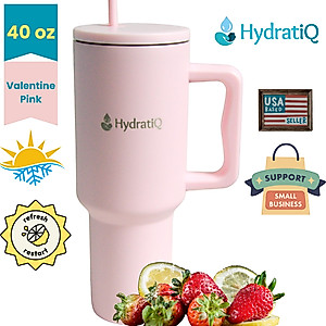 HydratiQ 40 oz Tumbler with Handle and Straw Spill Proof Insulated Water Bottle Leak Proof Stainless Steel Cup Holder Travel Mug Hot Cold Vaso Termico