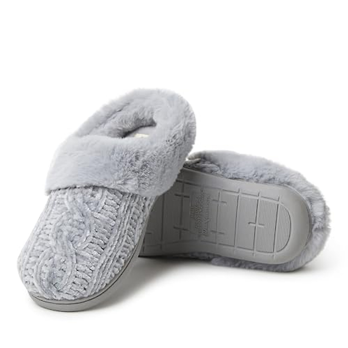 Dearfoams Women's Claire Marled Cable Knit Chenille Clog Slipper, Sleet, Medium Wide