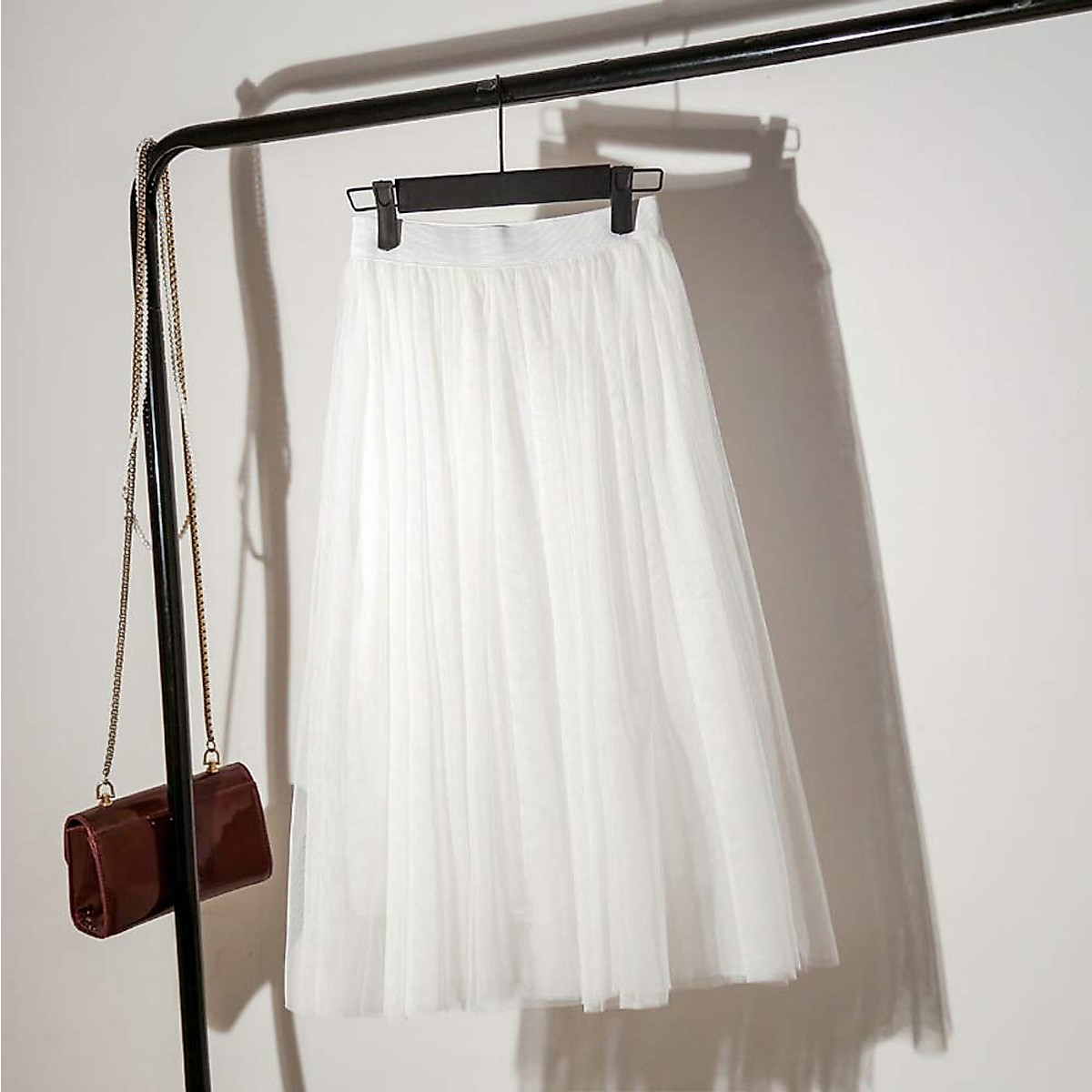 LBKKC Women's Midi Tulle Skirt Elastic Waist 3 Layered Mesh Formal Prom Party Tutu Skirt A Line(L,Off White)