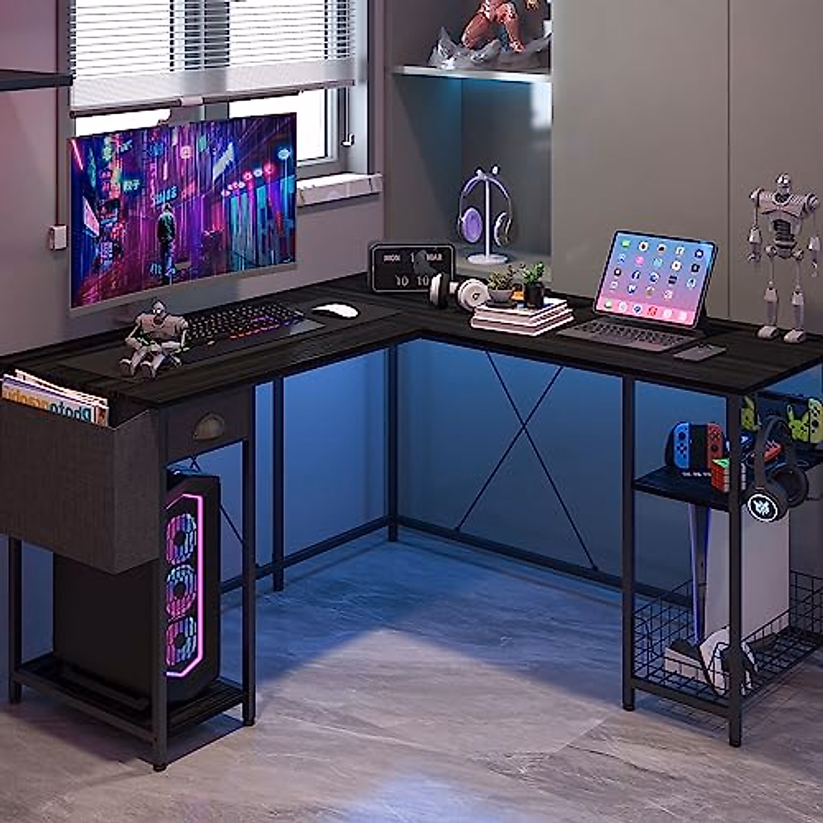 X-cosrack 88.5inch Large L-Shaped Computer Desk with Storage Shelves Drawer, Home Office Writing Corner Desk, 2 Person Long Desk PC Laptop Workstation with Hooks Storage Bag Cable Hole-Black