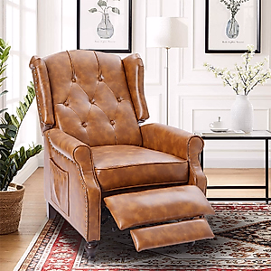 Consofa Wingback Recliner Chair with Heat and Massage, PU Leather Push Back Recliner Chair for Living Room, Vintage Wingback Recliner with Remote Control,Padded Cushion,Backrest,Wooden Legs