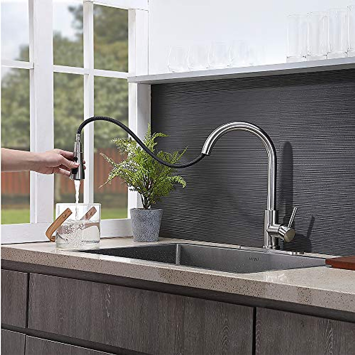 VESLA HOME High Arc Single Handle Brushed Nickel Kitchen Faucet with Pull Down Sprayer,Single Lever Stainless Steel Kitchen Sink Faucets,Commercial Modern Pullout Faucet for Kitchen Sink