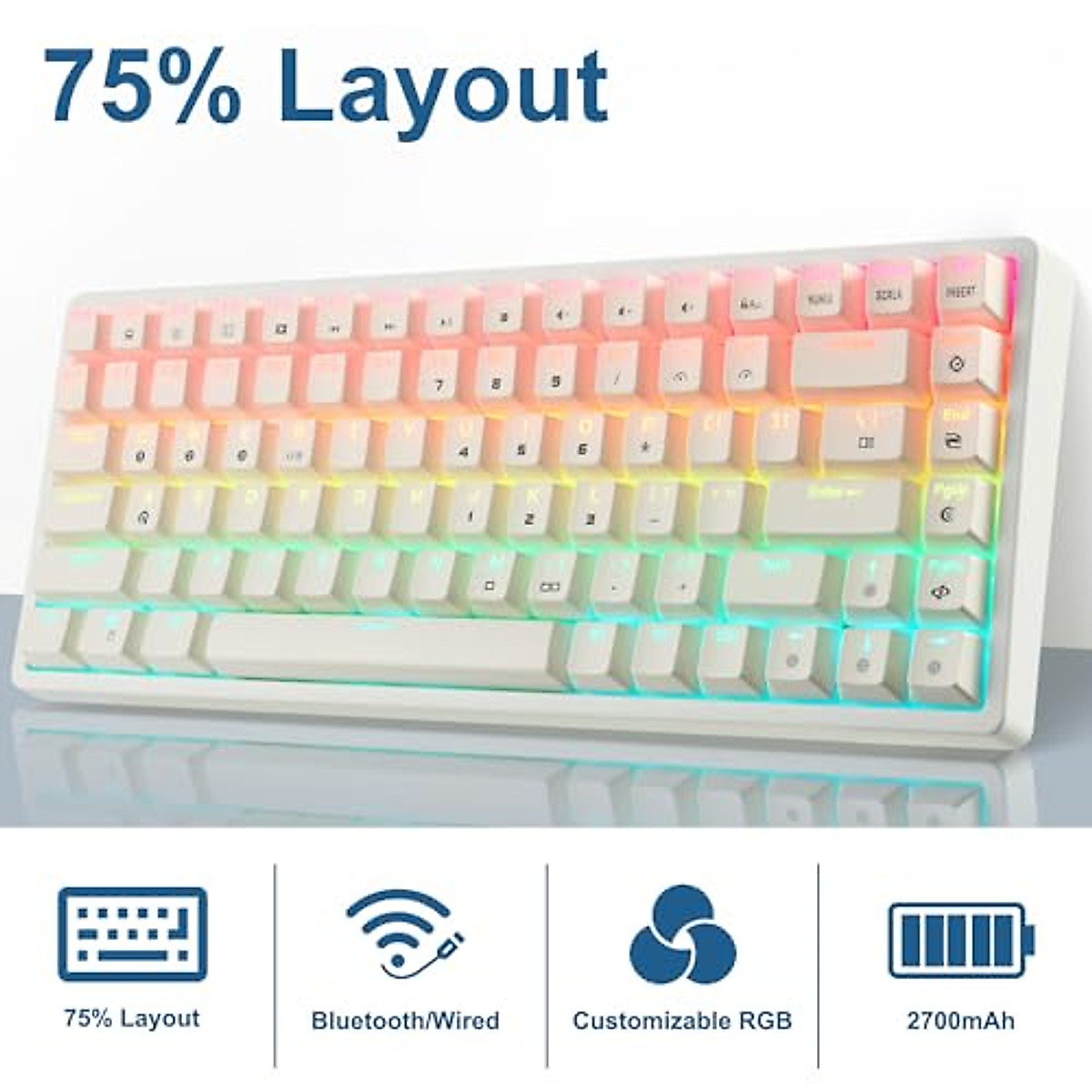 HUO JI Wireless Mechanical Gaming Keyboard, Programmable RGB Backlit, Bluetooth 5.0, Red Switches, 84 Keys, Wired 60% Keyboard for iPad, iMac Android/Windows Tablet Laptop Desktop, White