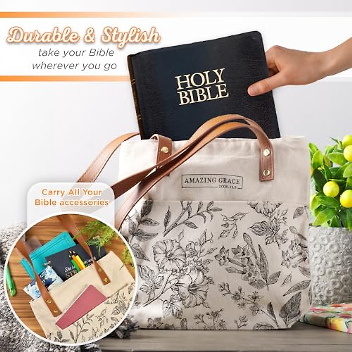 Christian Art Gifts Canvas Floral Tote Bag for Women: Amazing Grace Inspirational Scripture for Shopping, Supplies, Books, Accessories, Vegan Leather, Pocket, Zippered Closure, Creamy Tan & Brown