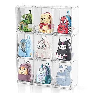 UTHIN 9Pack X-Large 2 Tiers Acrylic Display Case with Division Board, Clear Storage Box for Loungefly Backpack, Anti-Dust Stackable Bag Container Box with Magnetic Door