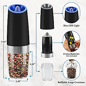 2Pcs Gravity Electric Salt and Pepper Grinder Set, Battery Powered LED Light One Hand Automatic Operation, Adjustable Coarseness Mill Grinders Shakers Black, Kitchen Gadgets Gift Ideas