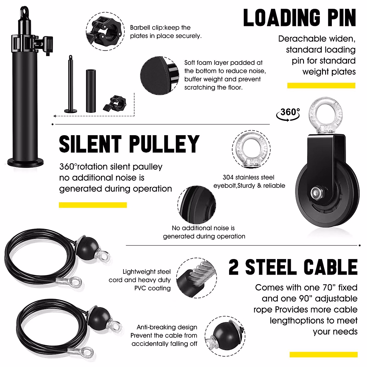 VAVOSPORT Fitness LAT and Lift Pulley System Gym - Upgraded LAT Pull Down Cable Machine Attachments, Loading Pin, Handle and Tricep Rope, for Biceps Curl, Forearm, Triceps Exercise Gym Equipment