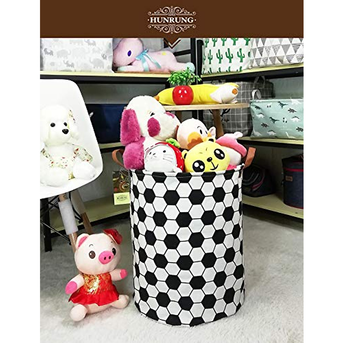 HUNRUNG Laundry Hamper,Large Canvas Fabric Lightweight Storage Basket Toy Organizer Dirty Clothes Collapsible Waterproof for College Dorms, Children Bedroom,Bathroom（Roud-Football）