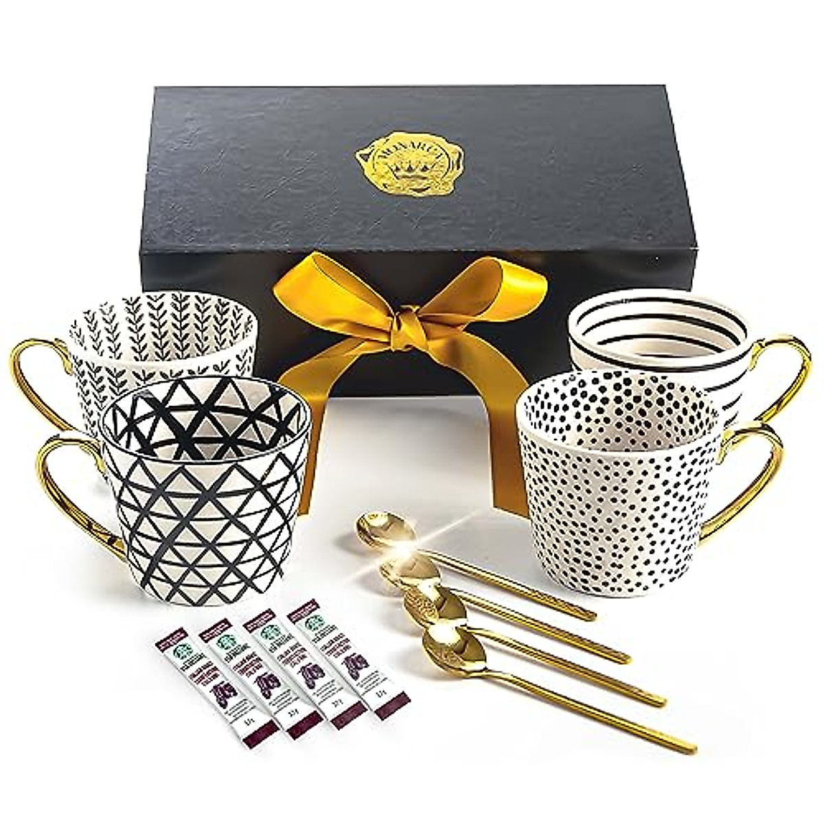 Monarca Set of 4 Mugs with Gold Tea Spoons, Ceramic with Real Gold Plated Handle, Aesthetic, Hand Painted 12 oz Elegance Colors Black, White and Gold