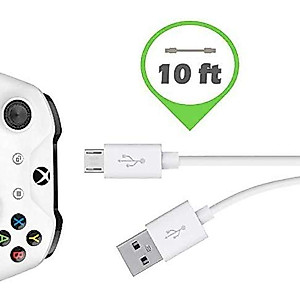 ienza Replacement Long (10-Ft) Micro USB Charge Cable Wire for Xbox One and PlayStation PS4 Controller (White)
