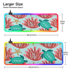 Large RGB Gaming Mouse Pad Pattern Turtles Sea Stars Corals Wallpapers Glowing Extended Mousepad 35.4x15.7in, Soft Anti-Slip Rubber Base Luminous Mouse Mat for Pc Laptop, Gaming, Office, Home