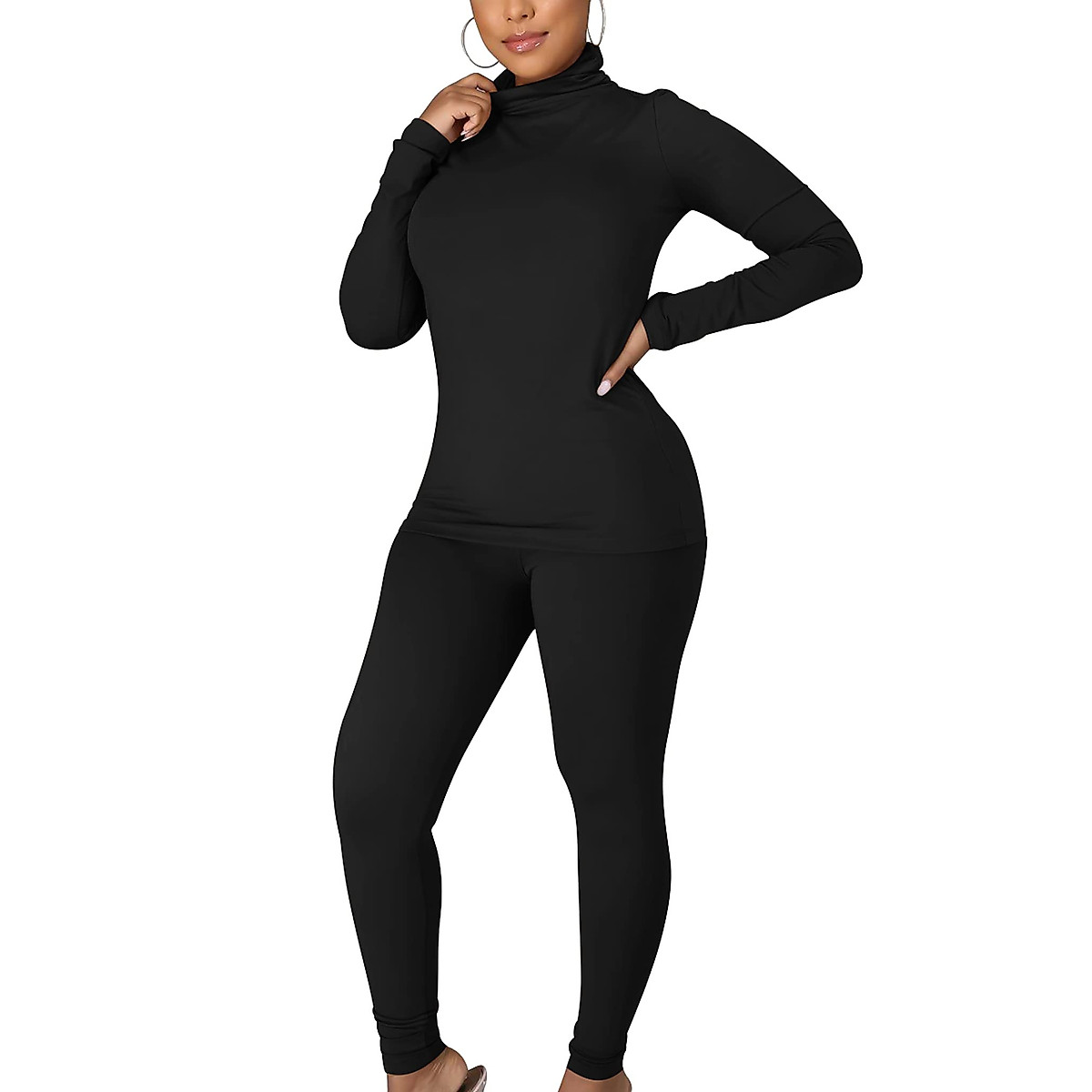 Mizoci Women's 2 Piece Outfits Workout Tracksuit Long Sleeve Turtleneck Top Legging Jogger Pants Set, X-Large, Black