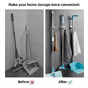 Mop Broom Holder No Drill StainlessSteel, Mop Broom Organizer Wall Mounted Heavy Duty with Hooks Hanger,Anti-Slip Adhesive Hook Broom Holder Wall Mount，Self Adhesive 4Pcs for Bathroom, Kitchen, Office