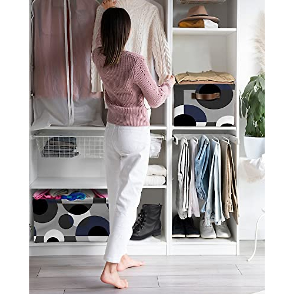 Storage Cubes Organizer with Handles, Modern Circles Storage Bins Fabric Collapsible Storage Baskets for Shelf Closet Nursery Cloth Organizers Box Blue and Gray Geometry 2pcs-15x11x9.5in