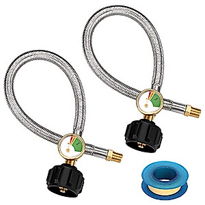 WADEO 1/4" NPT RV Propane Hose with Gauge, 15 Inch Stainless Steel Braided RV Propane Hose Connector for 2-Stage Auto Changeover Regulator with QCC1 x1/4" Male NPT, 2-Pack
