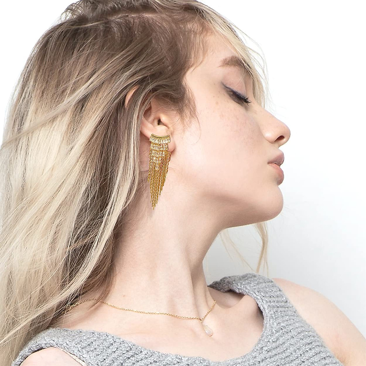 Sonateomber Cubic Zirconia Cluster Gold Fringe Front Back Earrings for Women - Trendy Sparkly Curved Bar Dainty Rhinestone Chain Tassel Waterfall Chandelier Drop Dangle Statement Jewelry Prom Gift