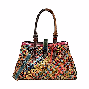 Women Multicolor Splicing Genuine Leather Handbag Designer Hand Woven Satchel Purses Top Handle Shoulder Totes Crossbody Bag (Multicolor)