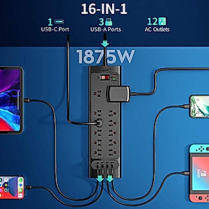 Power Strip, Bototek Surge Protector 6 FT Cord,12 Outlets and 4 USB Ports (1 USB-C, 3 USB-A), 6 FT 20W PD Extension Cord for Home,Office, and More (2980 Joule)