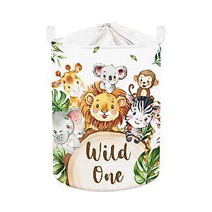 Clastyle 45L Large White Jungle Animals Elephant Kid Laundry Hamper with Handle Collapsible Lion Koala Giraffe Clothes Toy Storage Basket with Lid for Nursery