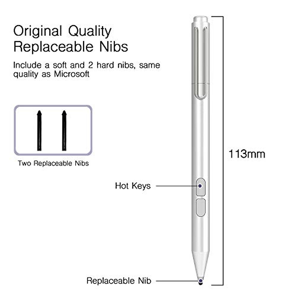 Uogic Pen for Microsoft Surface, Palm Rejection, 1024 Levels Pressure, Flex & Soft HB Nib, Compatible with Surface Pro/Studio/Book/Laptop/Go, Including 2 Spare Nibs & AAAA Battery