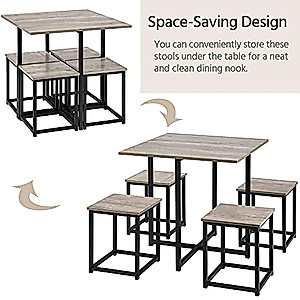 Yaheetech 5-Piece Dining Table Set - Industrial Kitchen & Chairs Sets for 4 Compact with Stools Space-Saving Design Apartment, Small Space, Breakfast Nook, Gray