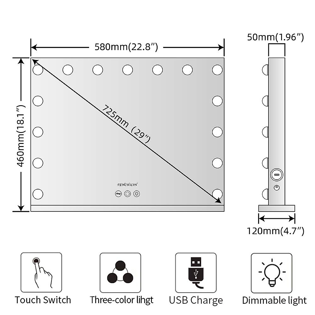 FENCHILIN Vanity Mirror with Lights, Hollywood Lighted Makeup Mirror with 15 Dimmable LED Bulbs for Dressing Room & Bedroom, Slim Metal Frame Design, White