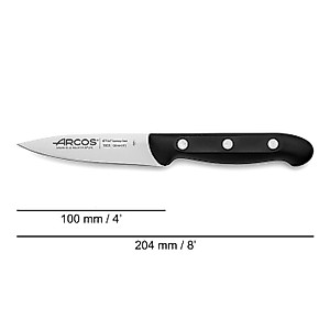 ARCOS Paring Knife 4 Inch Stainless Steel. Professional Kitchen Knife for Peeling Fruits and Vegetables. Ergonomic Polyoxymethylene Handle and 100mm Blade. Series Maitre. Color Black