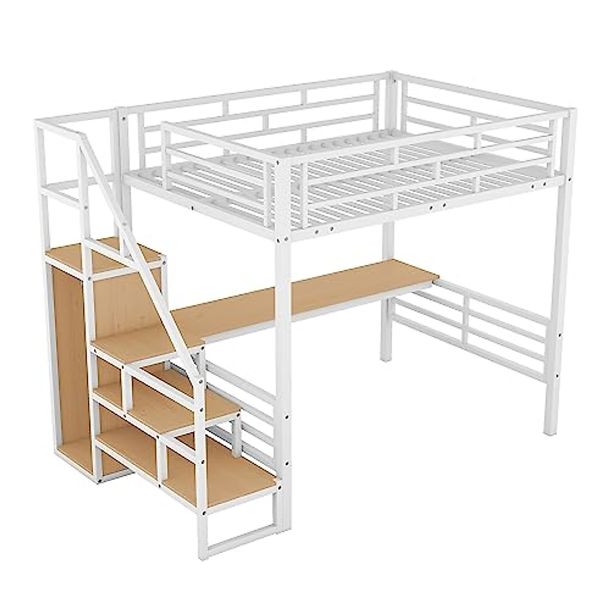 CITYLIGHT Full Size Loft Bed with Staircase and Desk, Metal Loft Bed Frame with Wardrobe and Storage Shelves, Full Loft Bed with Desk for Kids, Teens, Boys & Girls (Full, White)