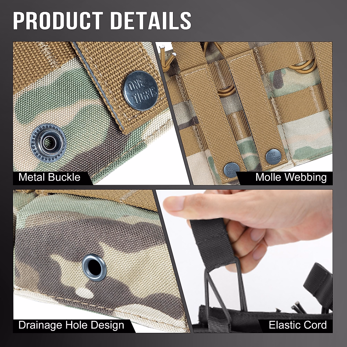 OneTigris Tactical Molle Mag Pouch,Open Top Triple Magazine Pouch for 5.56mm M4 M16 AK AR Glock M1911 9mm with Quick Release Kydex Insert and MOLLE Compatible（Camouflage）