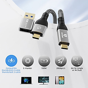 USB C to USB C Cable 100W, for Thunderbolt 3 Cable，2 in 1, USB C Cable, E-Marker, 4k Displayport Cable Video, Type C Cable, USB C to USB C/A cable Fast Charging 20Gbps Data Transfer Cable 3.3FT