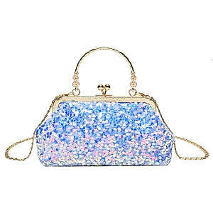 WIGUYUN Women Sequins Evening Handbag Glitter Top Handle Purse Chain Cross-body Bag Blue
