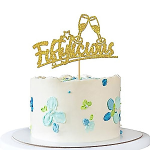 RoadSea Fiftylicious Cake Topper - Happy 50th Birthday Cake Supplies - 50th Wedding Anniversary Party Decoratrions - Gold Glitter (Fiftylicious)