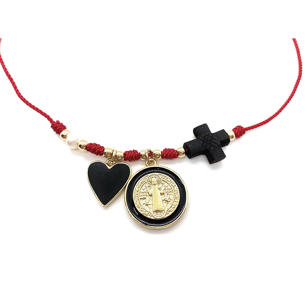 Saint Benedict Gold and Black Tone Enamel Pendant Powerful Azabache Chocker Gargantilla Protectora