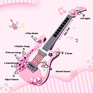 M SANMERSEN Kids Guitar for Girls Music Toys Guitar for Kids Toddler Electric Guitar with Strap Kids Pink Guitar Musical Instrument Toys for 3 4 5 Year Old Girls Gifts