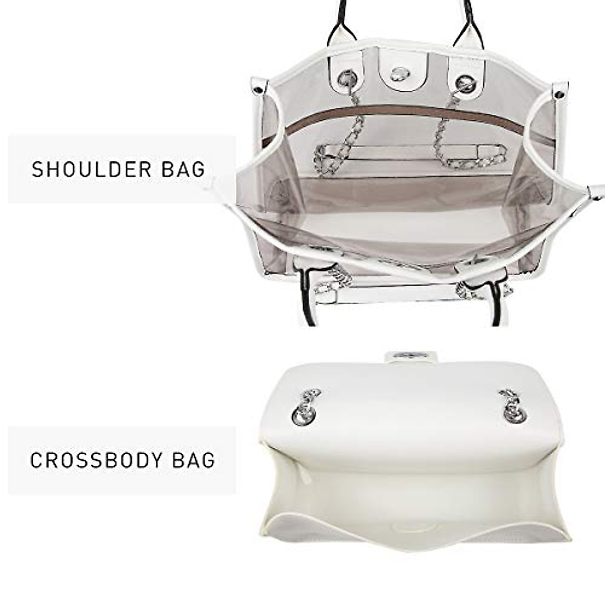 Large Clear Tote Bag Top handle Bag for Women Handbag Messenger Crossbody Purse With Turn Lock Closure (2 Sets) (White)