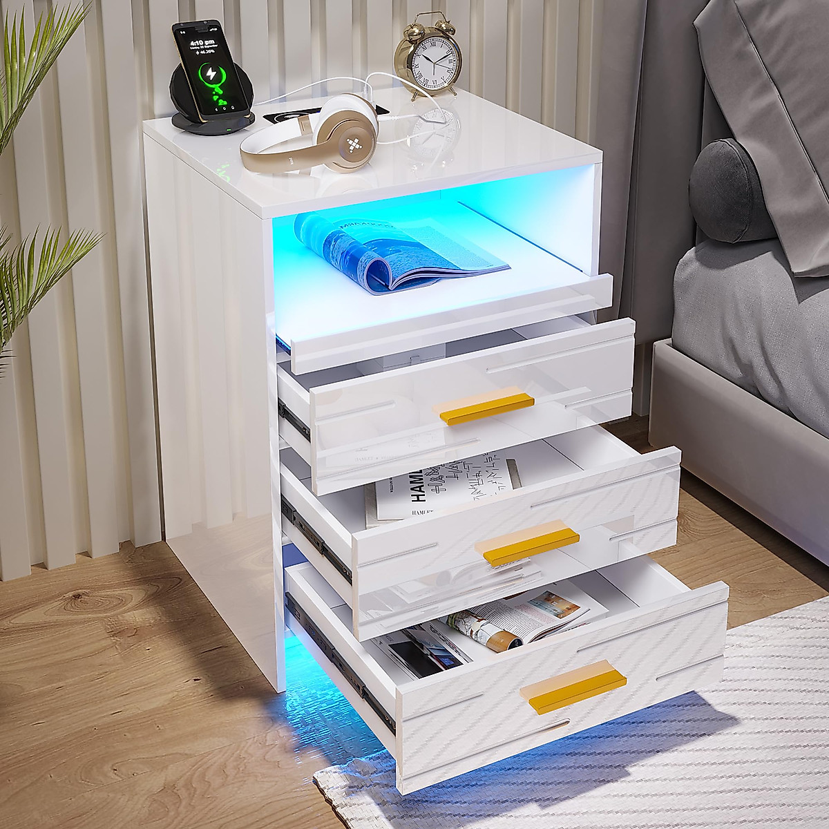 HNEBC RGB LED Nightstand with Wireless Charging Station, Smart Night Stand with 3 Drawers and Sliding Tray, Modern Bedside Table for Bedroom Furniture, High Gloss End Sofa Tables (White)